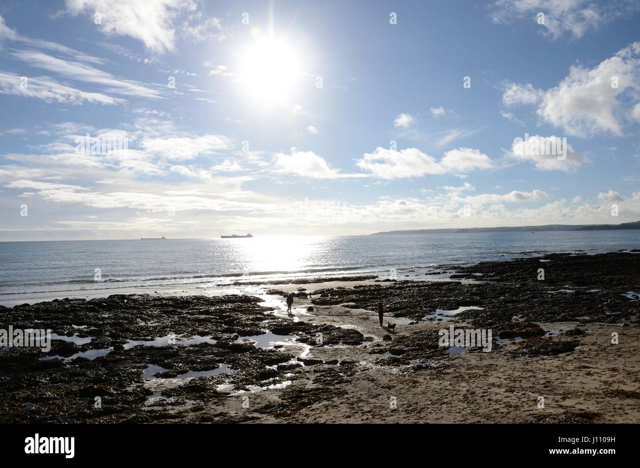 Sun reflecting off the sea, coastal landscape, Falmouth, Cornwall Stock ...