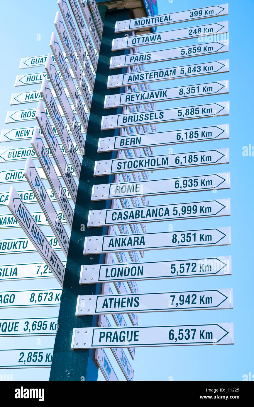 A sign post points the direction and distance in kilometers to various ...