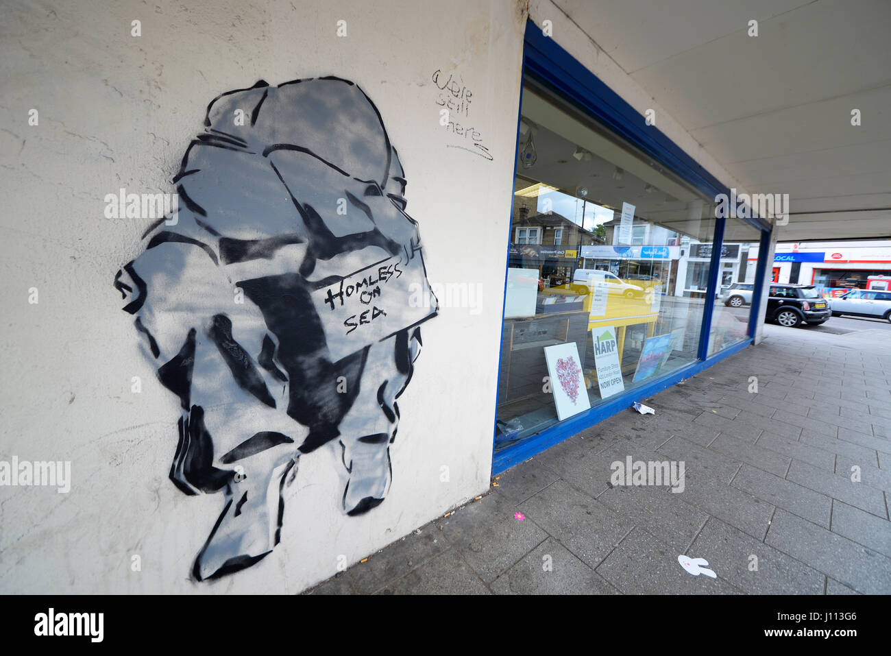 Homeless on Sea graffiti on a wall in Westcliff on Sea, in reference to ...