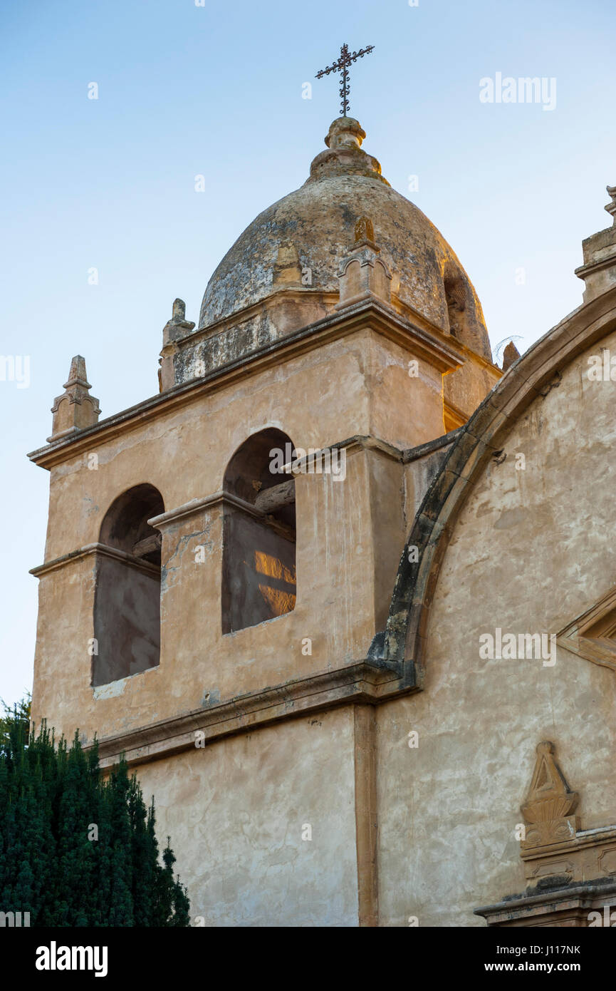 Carmel by The Sea Mission, outside view of church tower, dome, Mission ...