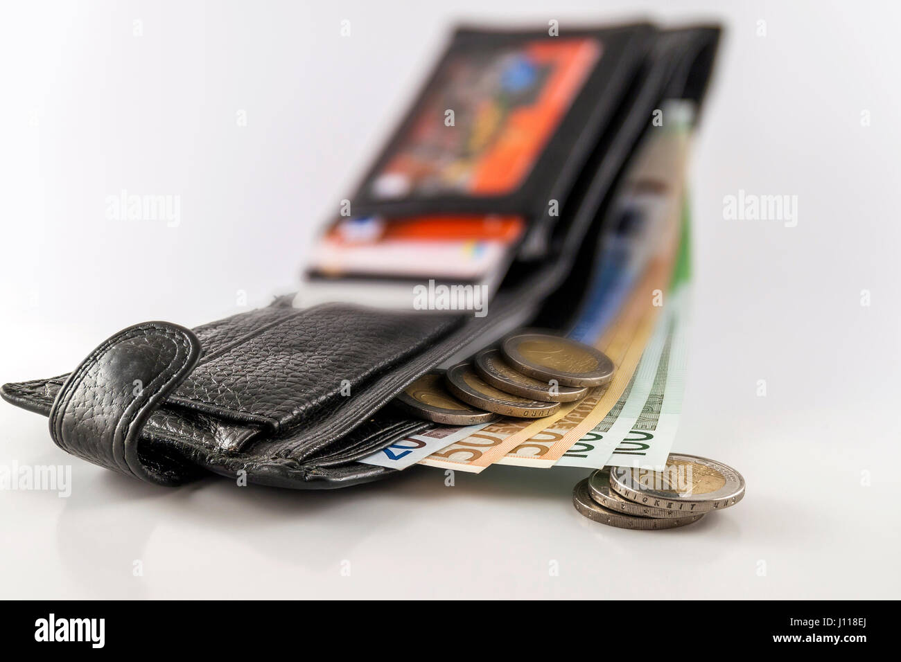 Leather men's open wallet with euro banknotes bills, coins and credit ...
