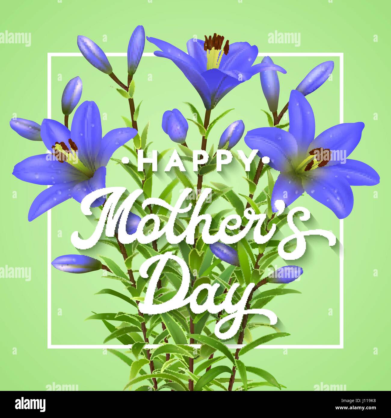 Happy Mothers Day Greeting Card With Realistic Blue Lilies Mothers