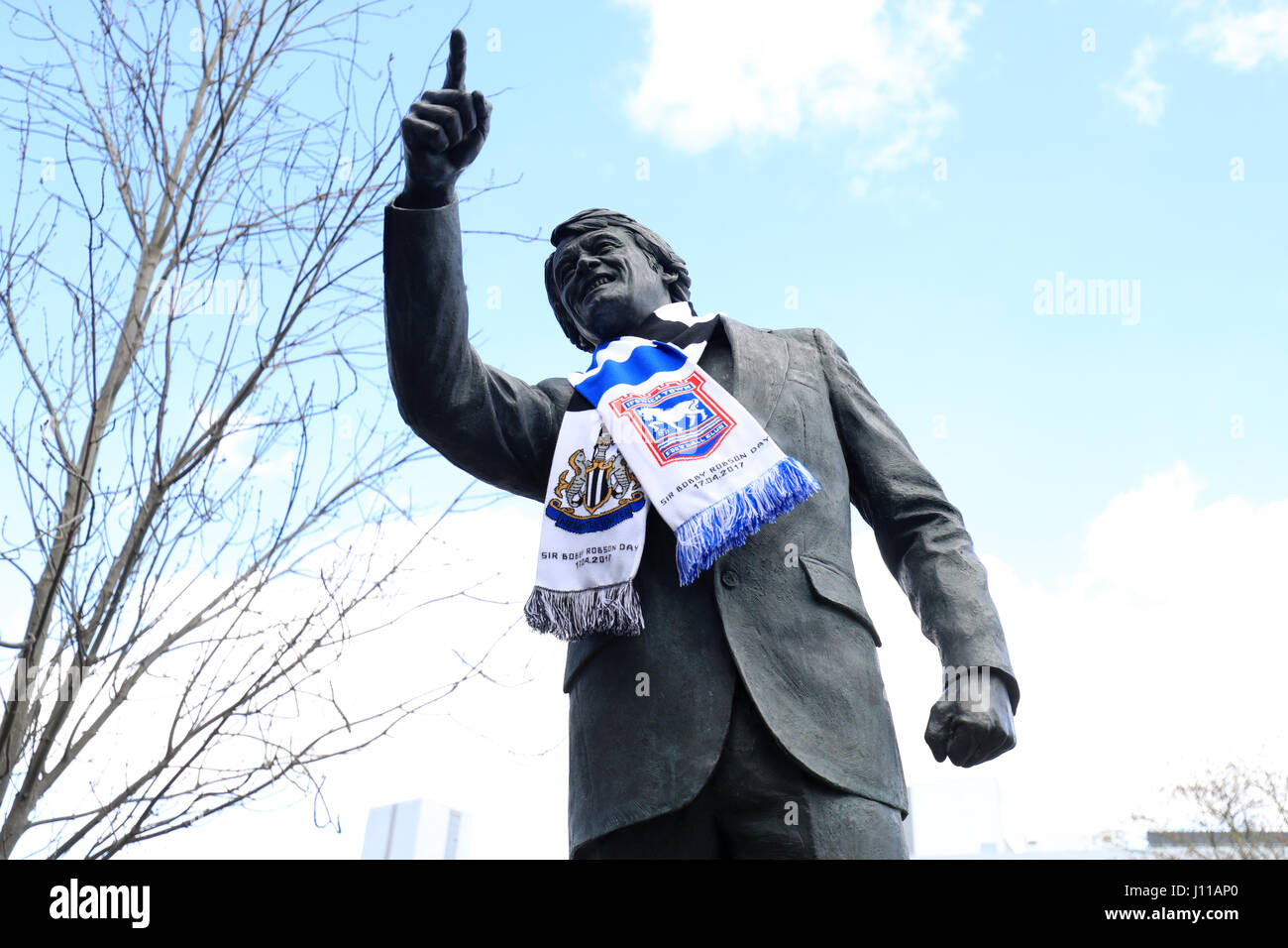 The statue of Bobby Robson is decorated with a scarf during the Sky Bet ...