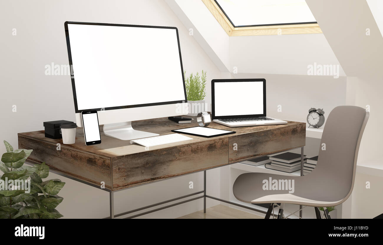 attic study devices with white screen. 3d rendering Stock Photo - Alamy
