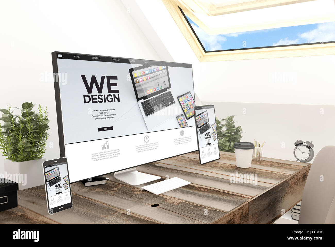 3d rendering of technology devices responsive website screen devices in attic workplace Stock ...