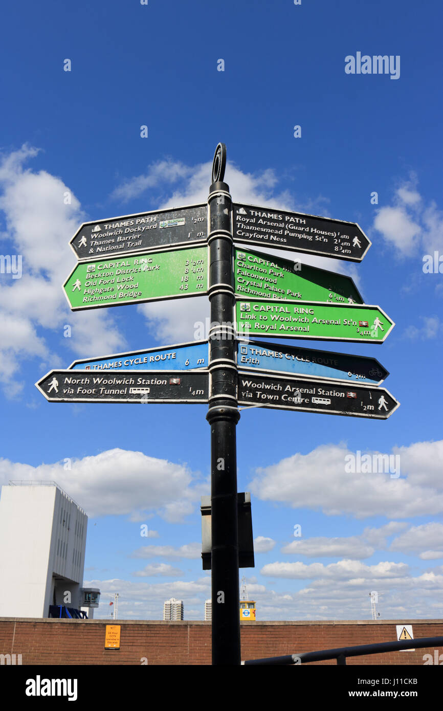 Thames path destinations and distances signpost, Woolwich London ...