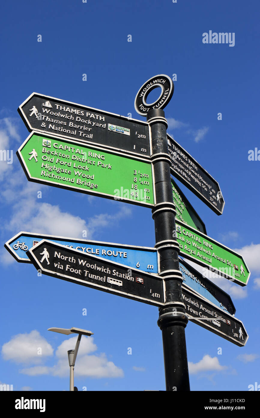 Thames path destinations and distances signpost, Woolwich London ...