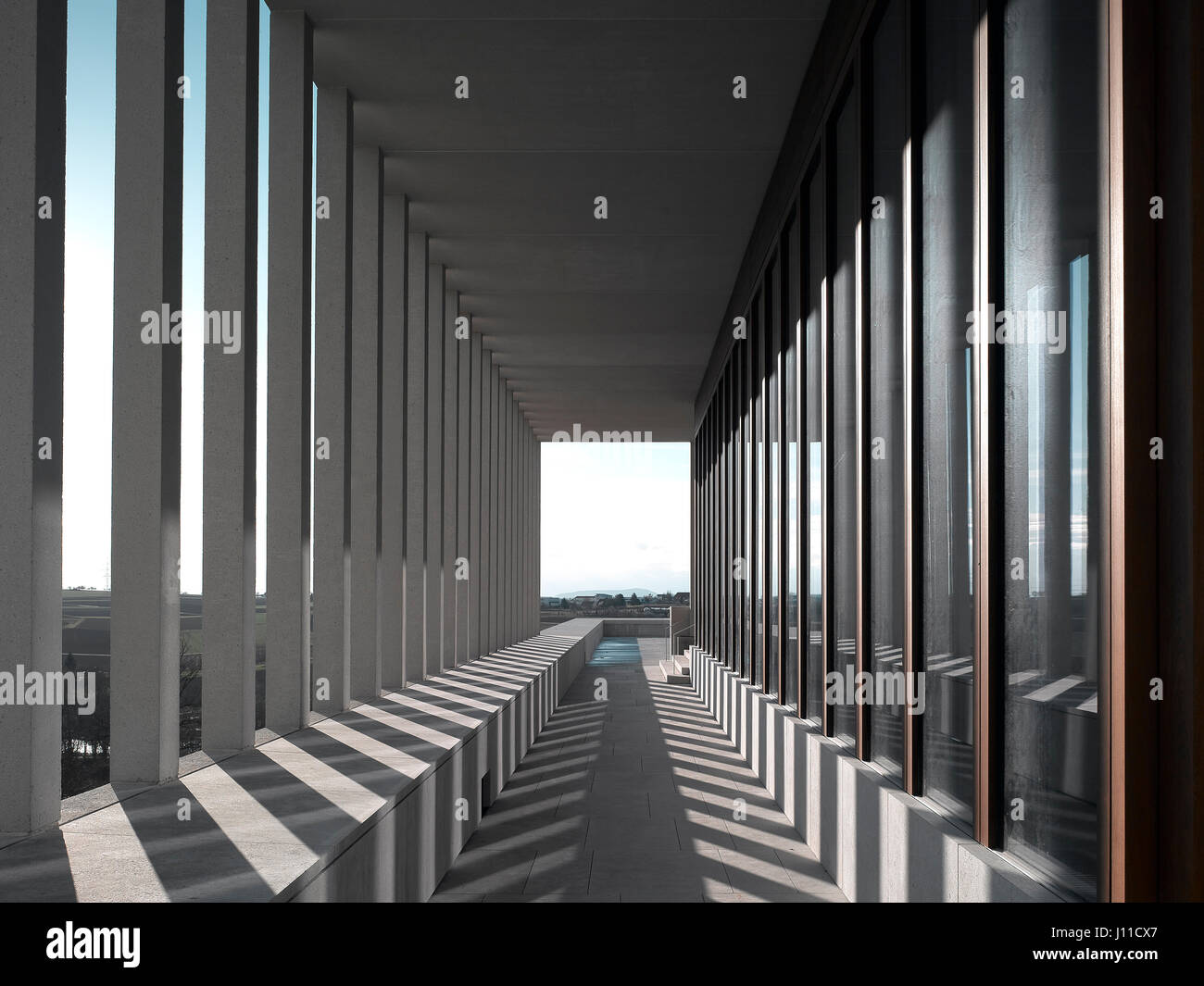 Exterior colonnade with view across valley. Literaturmuseum der Moderne ...