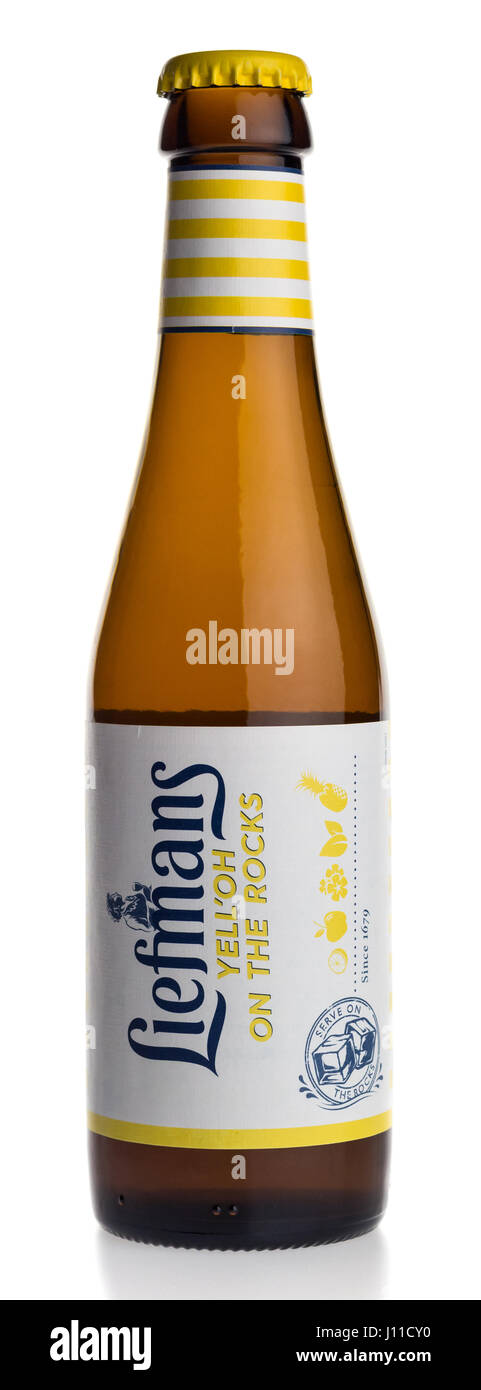 Bottle of Belgian Liefmans Yelloh fruit beer isolated on a white ...