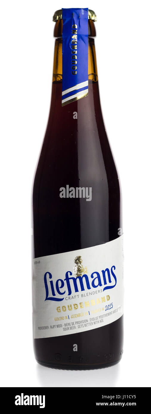Bottle of Belgian Liefmans Goudenband fruit beer isolated on a white ...