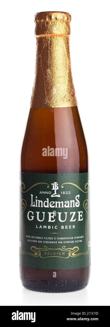 Bottle of Belgian Lindemans Geuze Lambic fruit beer isolated on a white ...