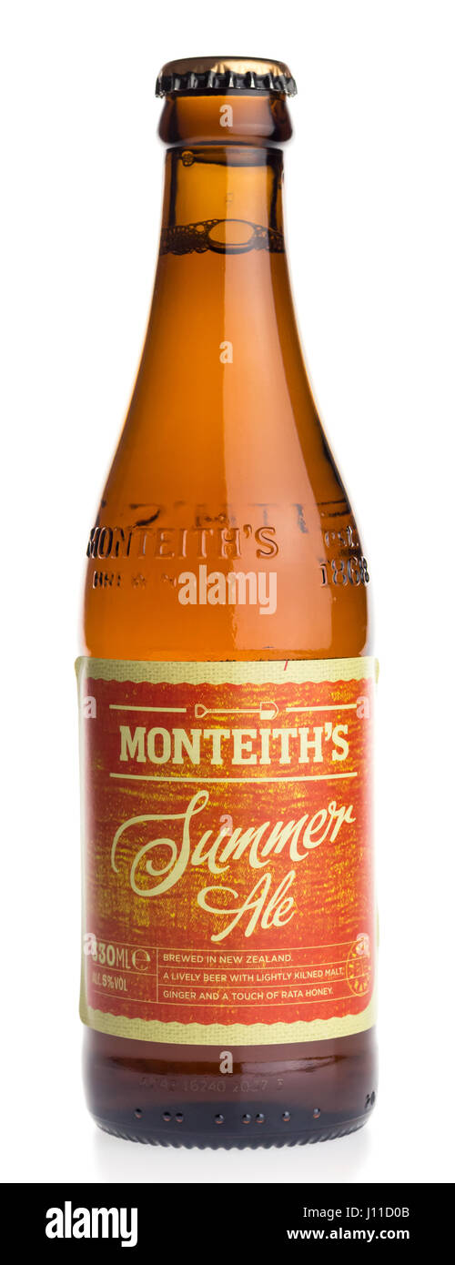 Bottle of New Zealand Monteith Summer Ale beer isolated on a white ...