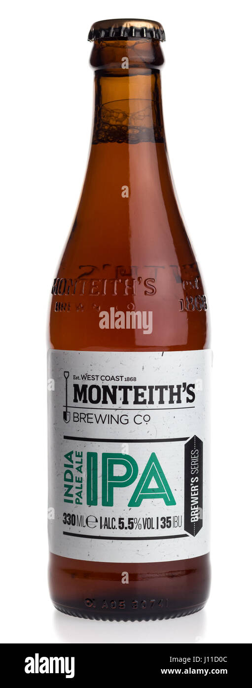 Bottle of New Zealand Monteith IPA beer isolated on a white background ...