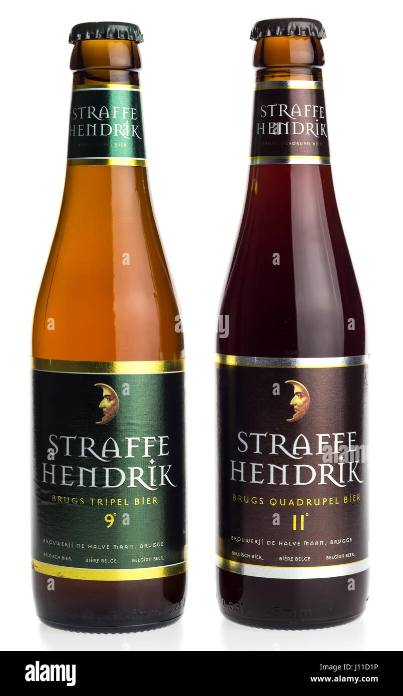 Bottles of Belgian Straffe Hendrik Tripel and quadrupel beer isolated ...