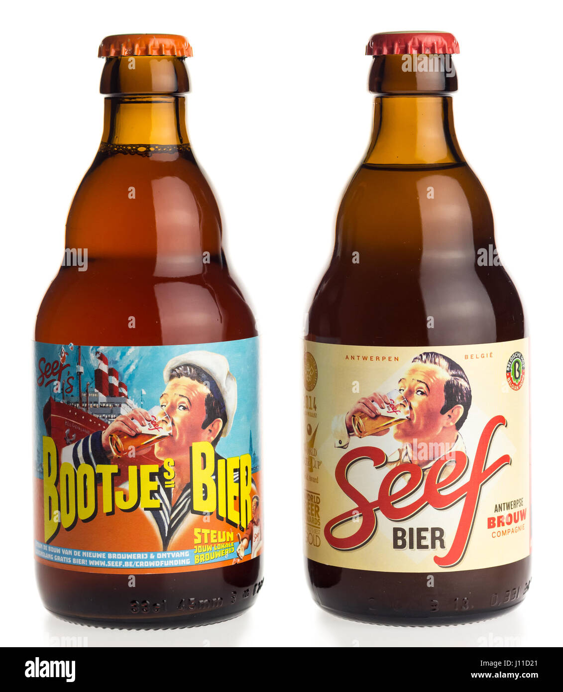 Bottles of Belgian Seef beer isolated on a white background Stock Photo ...