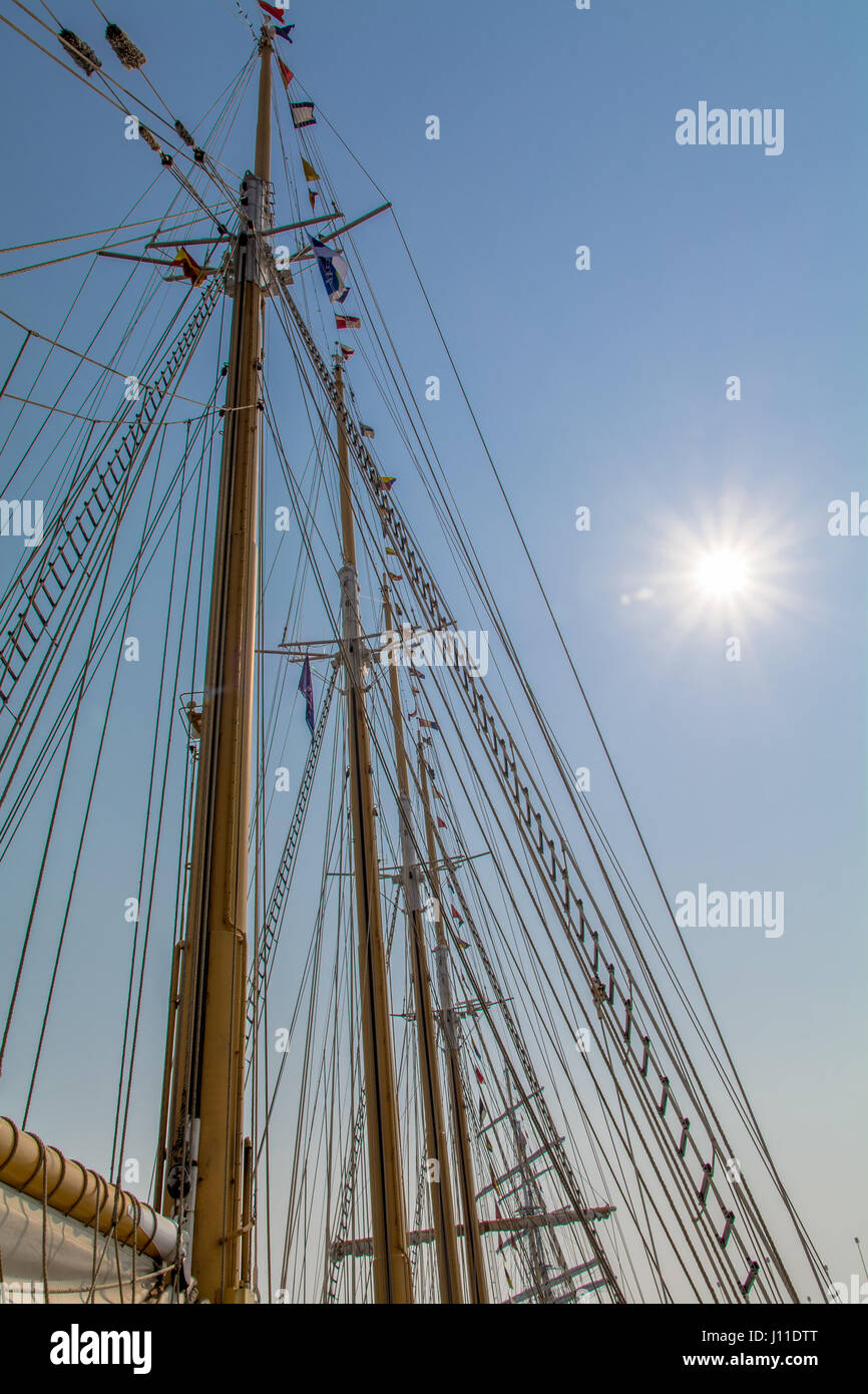 Low Angle View Of Tall Ship Mast Against Clear Blue Sky Stock Photo - Alamy