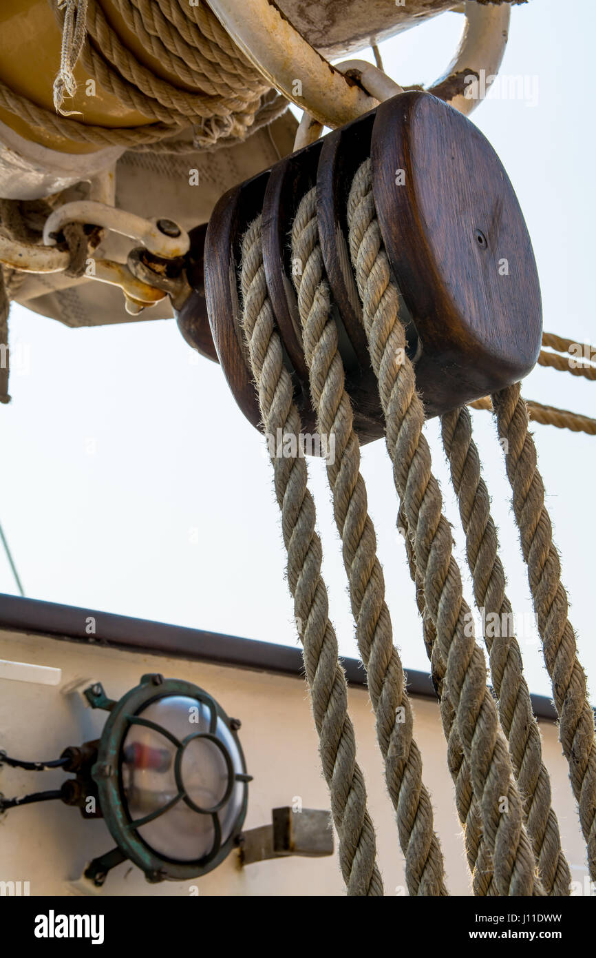 Tall Ship Triple Pulley Detail on Deck Stock Photo - Alamy