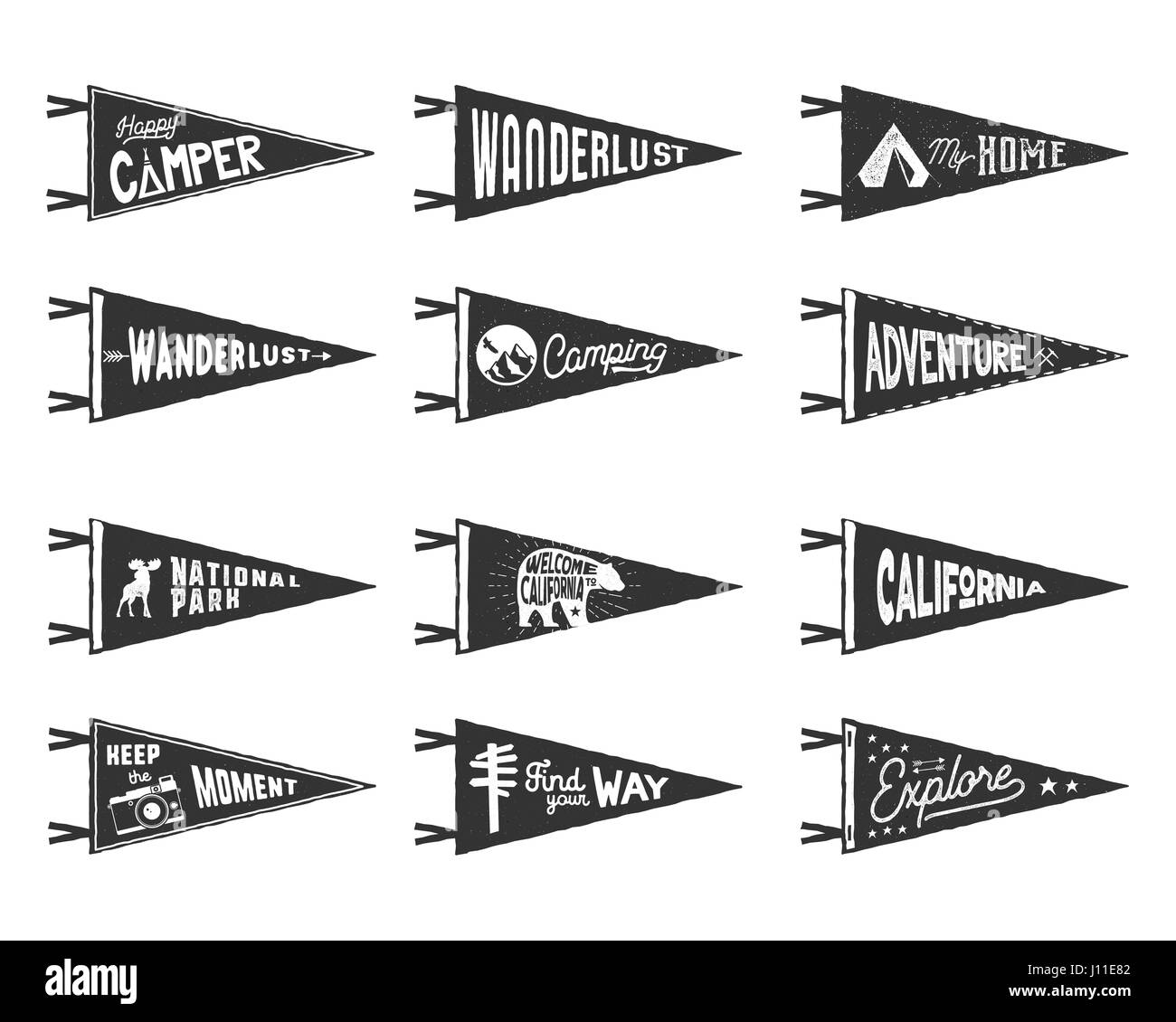 Set of adventure, surfing, camping pennants. Retro monochrome labels ...