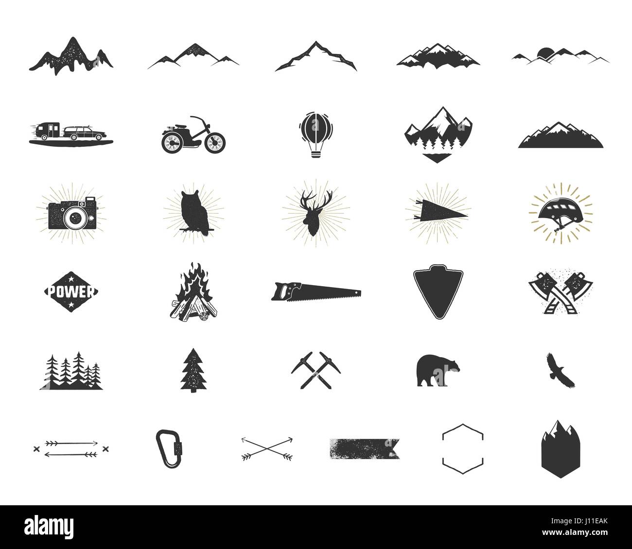 Outdoor adventure silhouette icons set. Climb and camping shapes ...