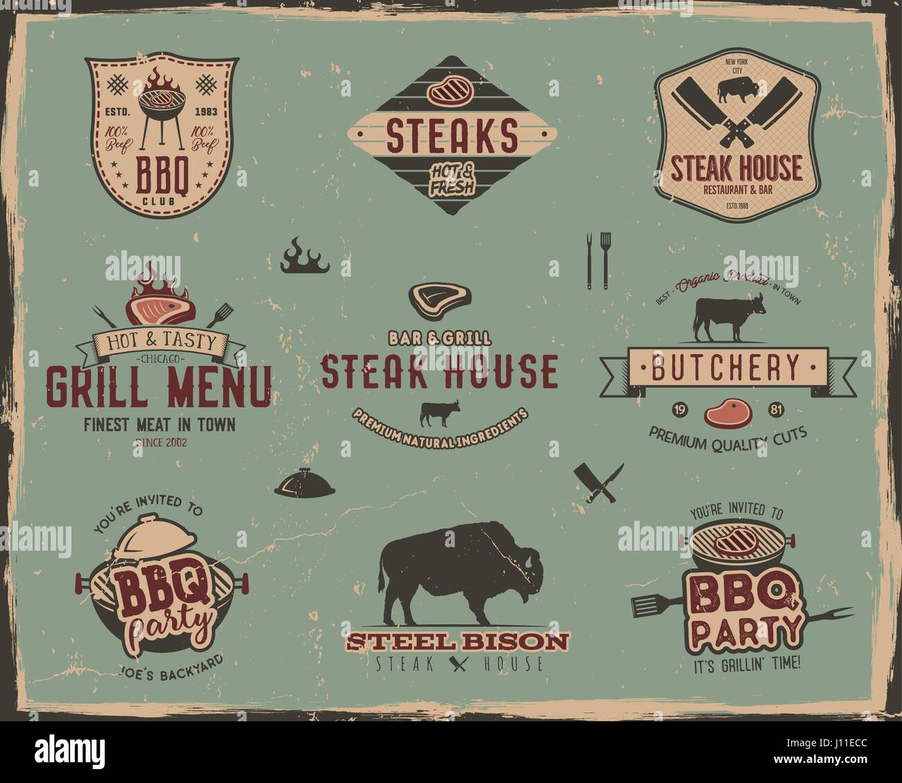 Vintage grill and steak house logo templates. Retro colors bbq, grill ...