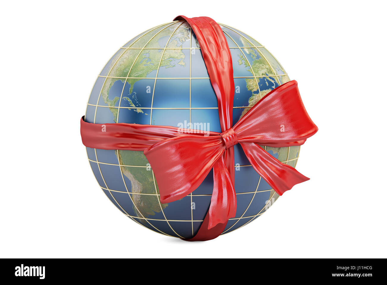 Earth Globe with bow and ribbon closeup, gift concept. 3D rendering ...