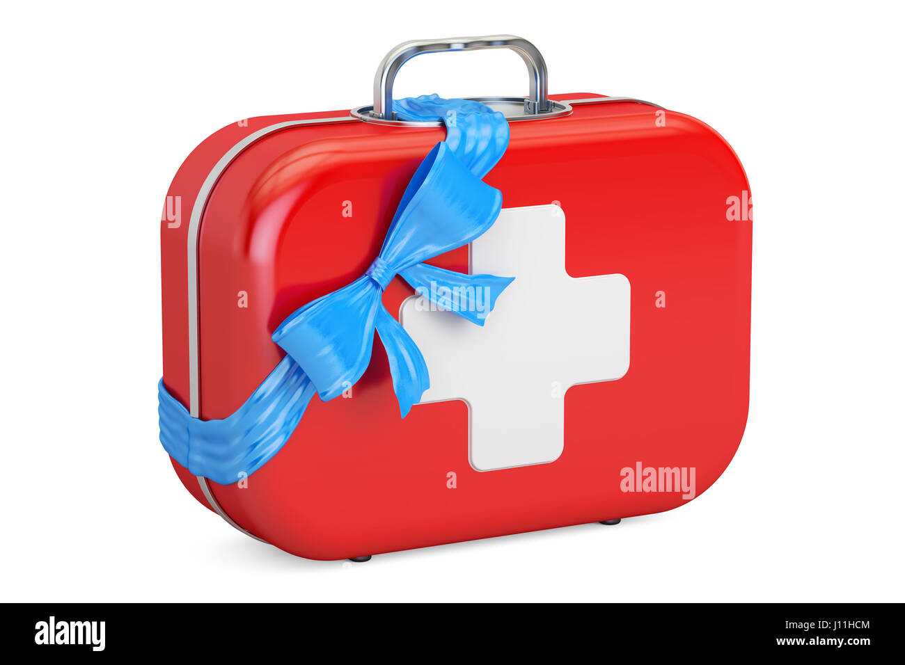 First Aid Kit with bow and ribbon, gift concept. 3D rendering isolated ...
