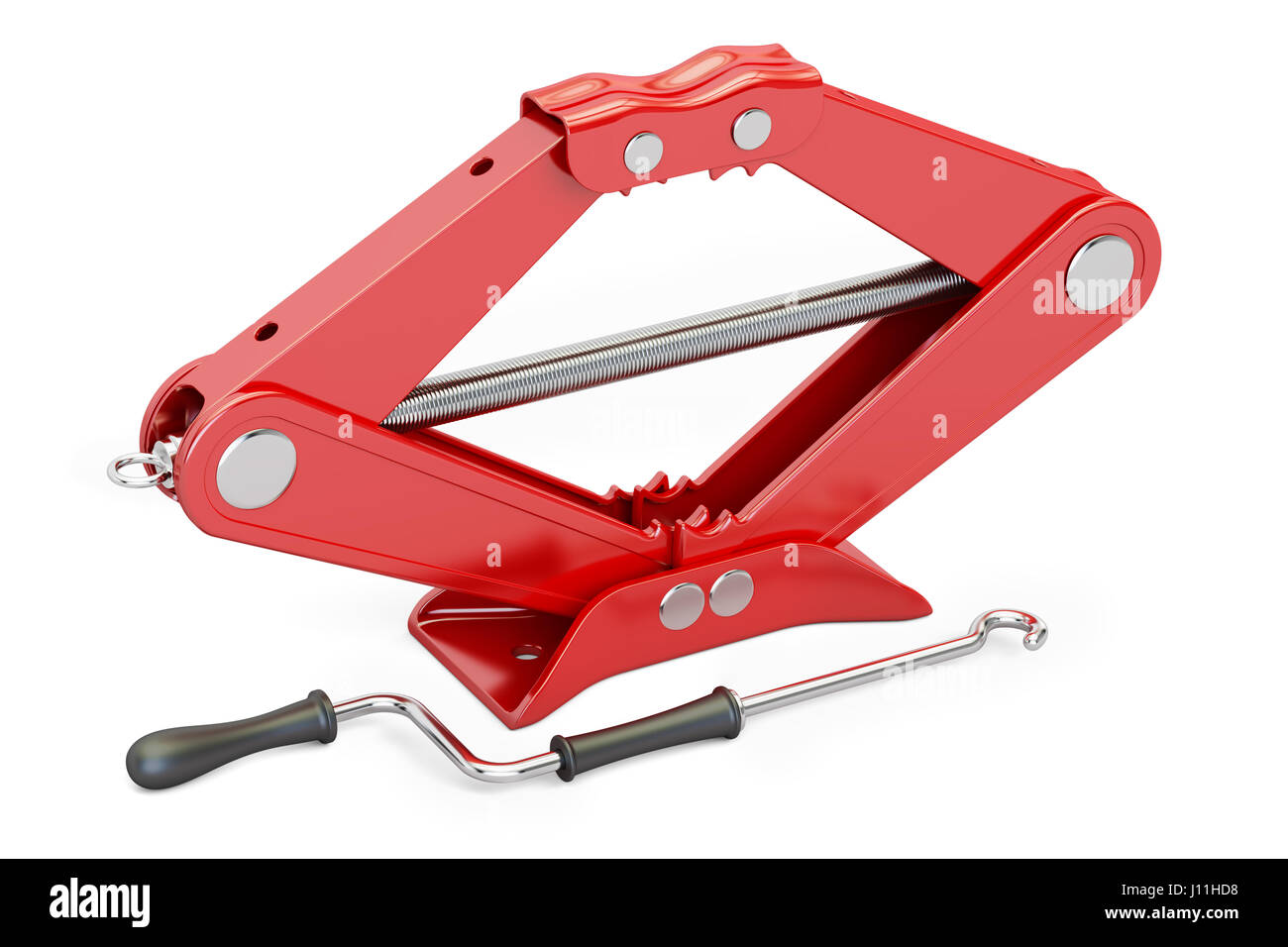 Red scissor jack, car lifter. 3D rendering isolated on white background ...