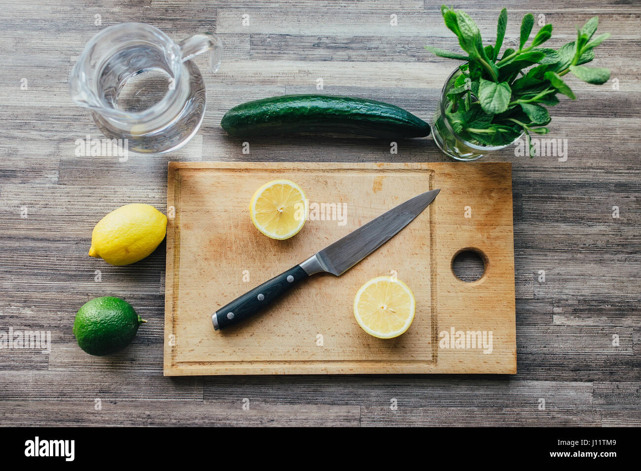 ingredients for preparation infused water on a wooden board. Top view ...