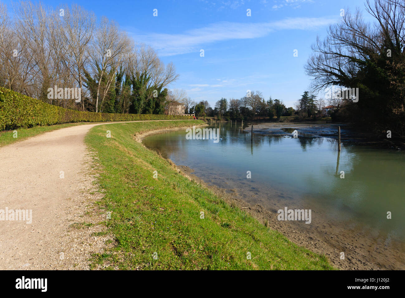 Walk path along Sile river. Sile river natural park, Italy. Sport and ...