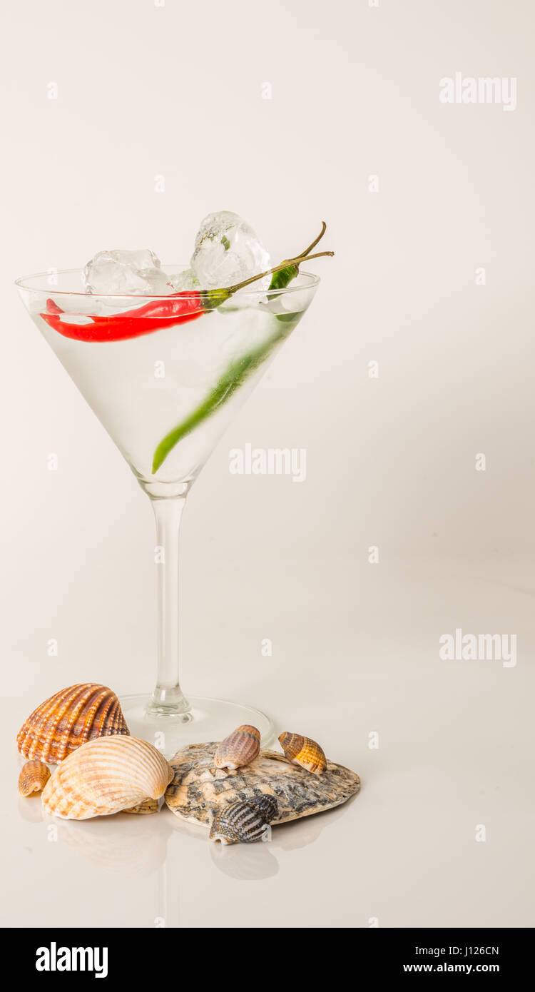Drink in martini glass, martini drink with pepper,seashells, ice cubes ...