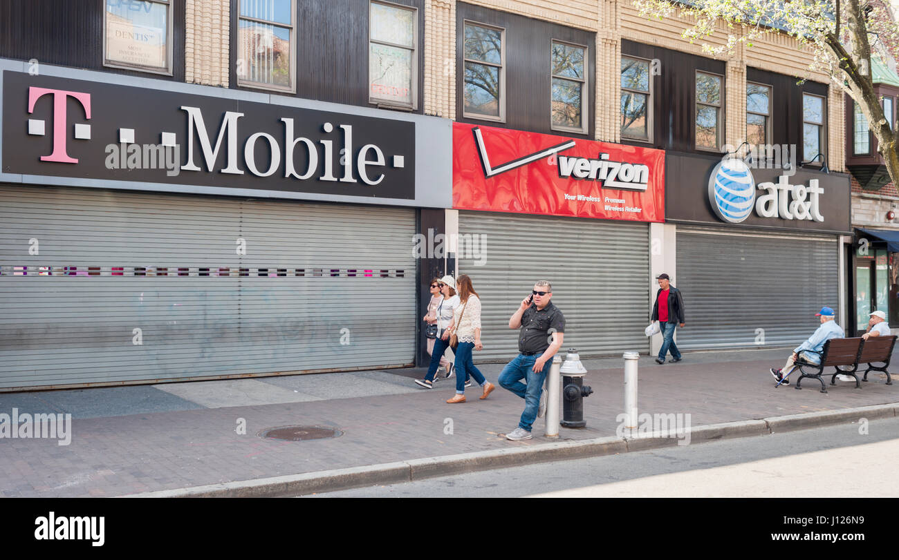 T-Mobile, Verizon and AT&T stores all lined up like ducks in a row in ...