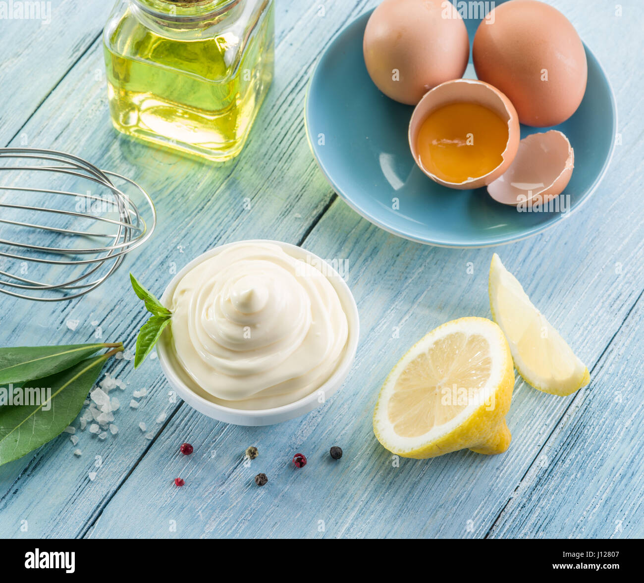 Natural mayonnaise ingredients and the sauce itself Stock Photo - Alamy