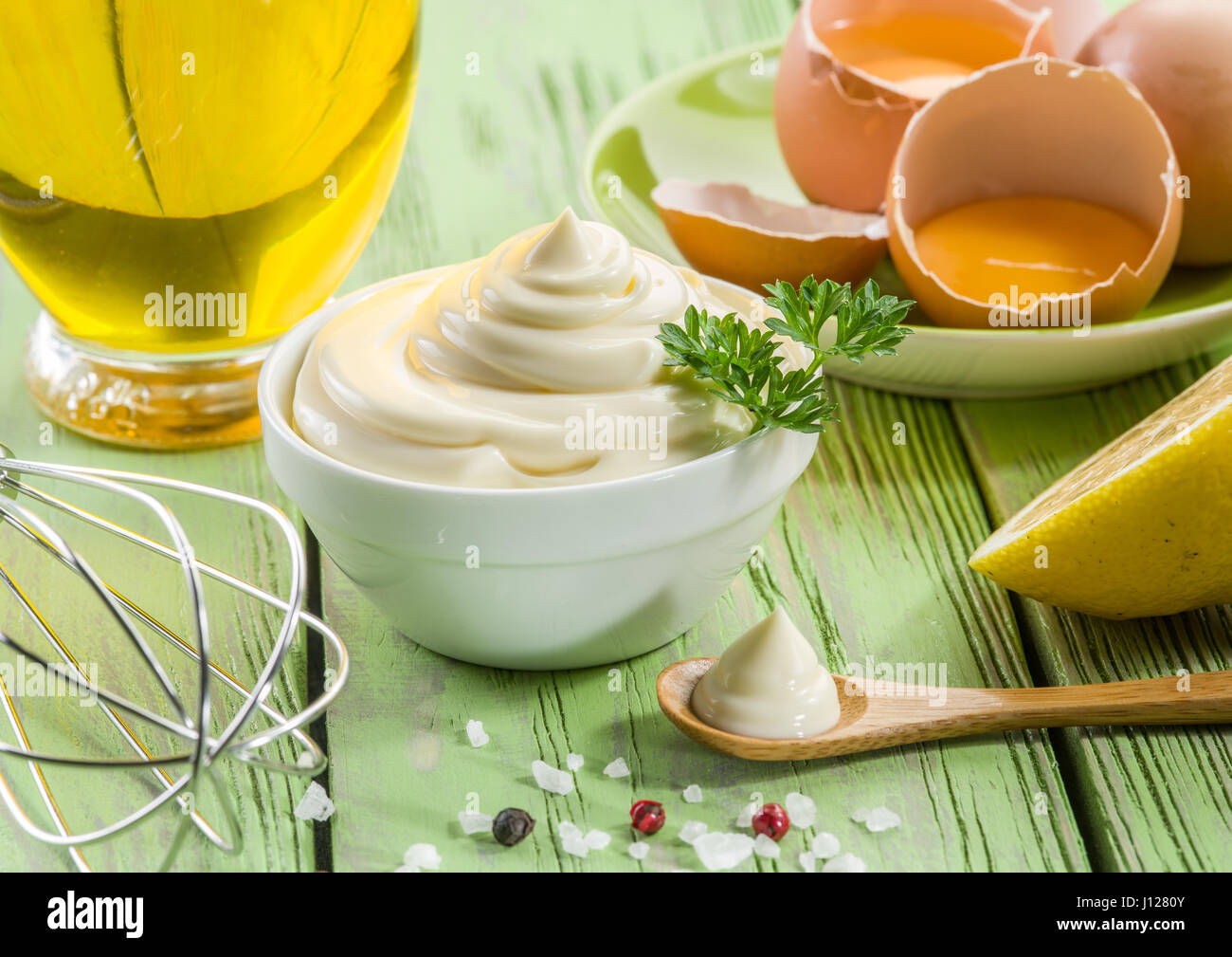 Natural mayonnaise ingredients and the sauce itself Stock Photo - Alamy