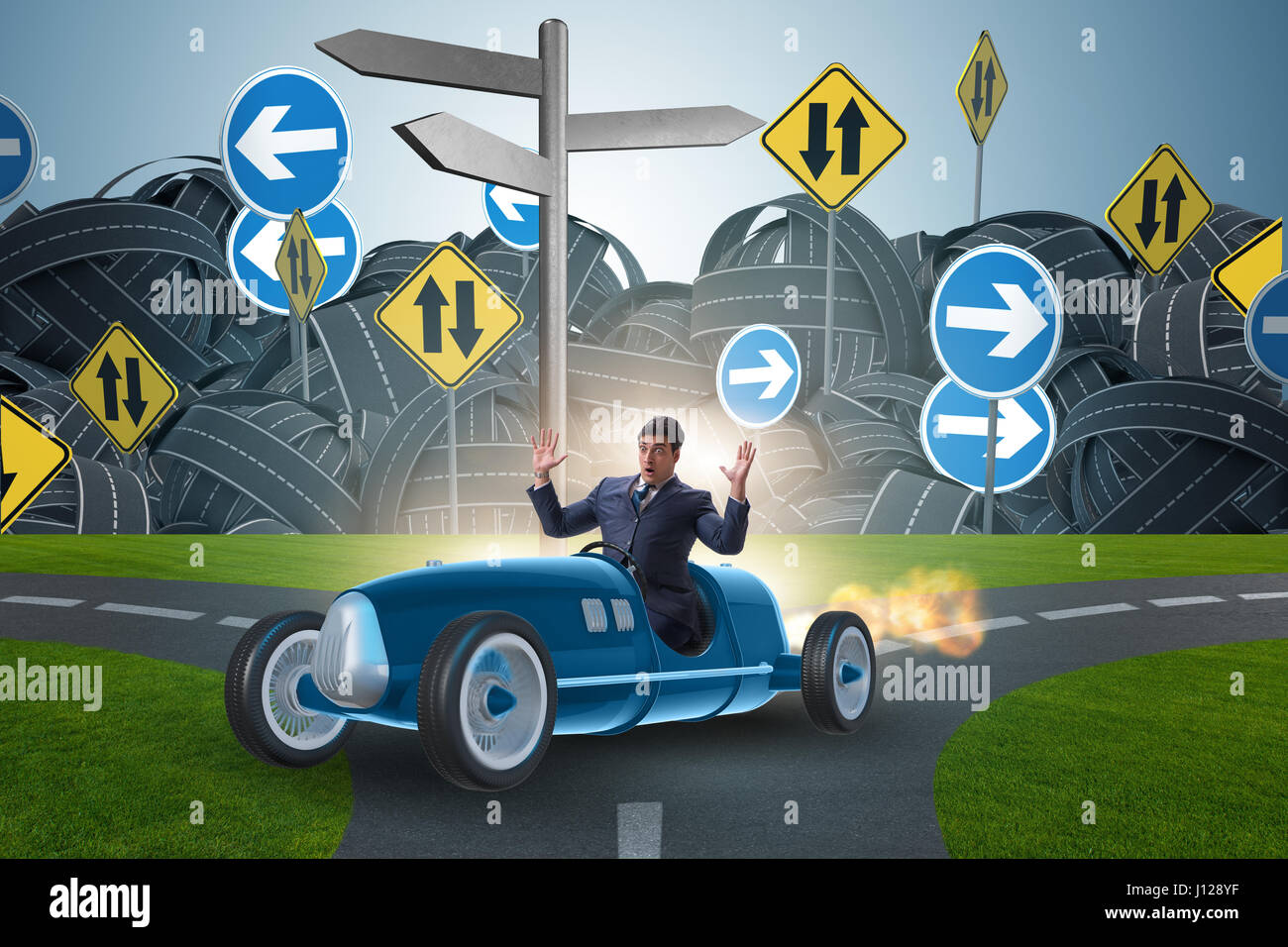 Confused businessman driving car im uncertainty Stock Photo - Alamy