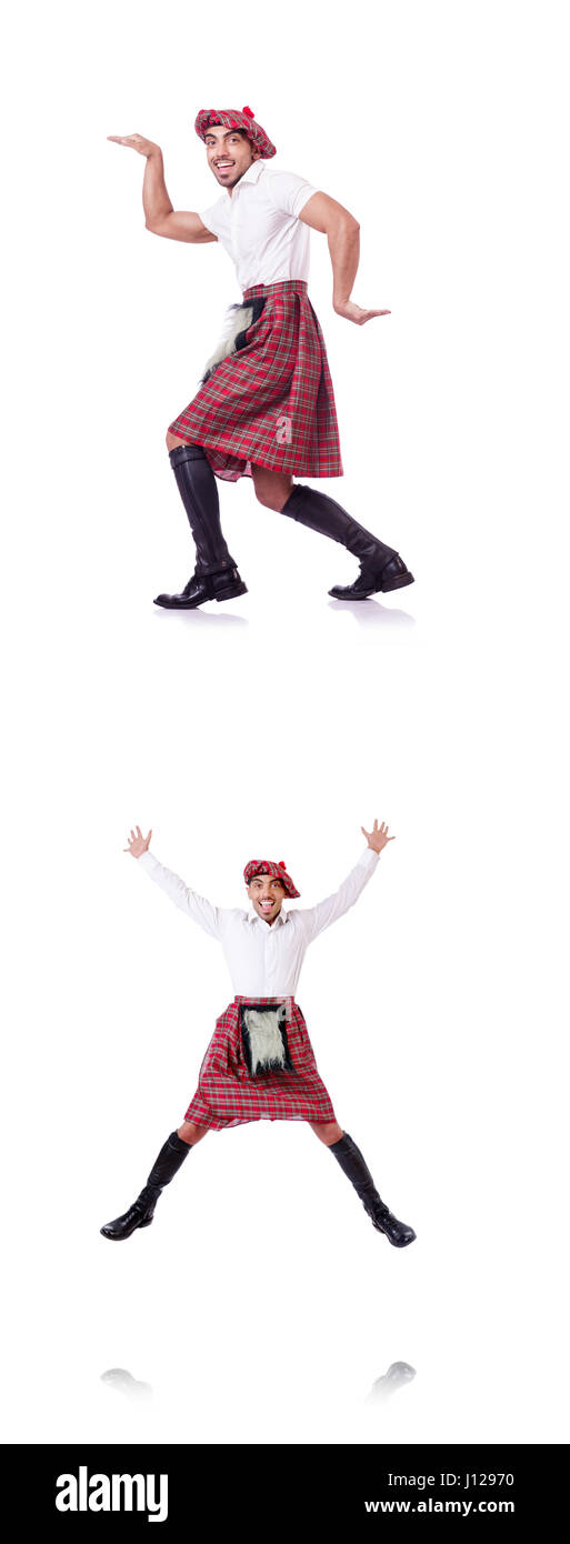 Scottish man dancing on white Stock Photo - Alamy