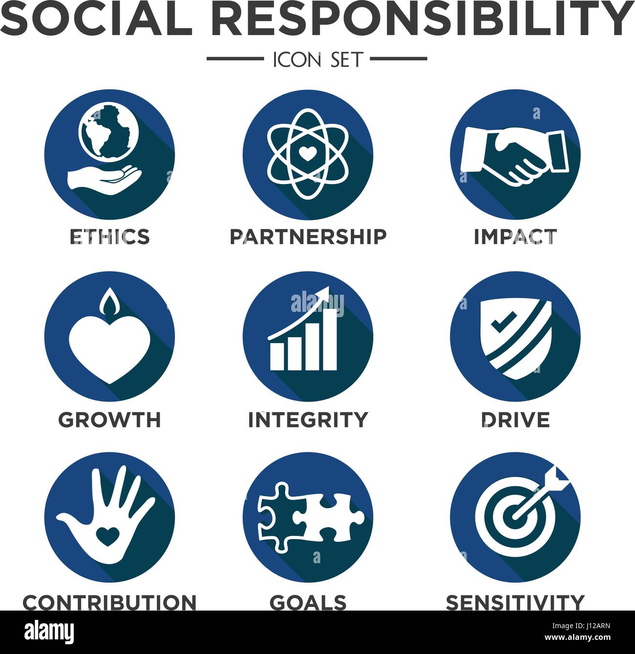 Social Responsibility Solid Icon Set with Impact, Ethics, Partnership ...