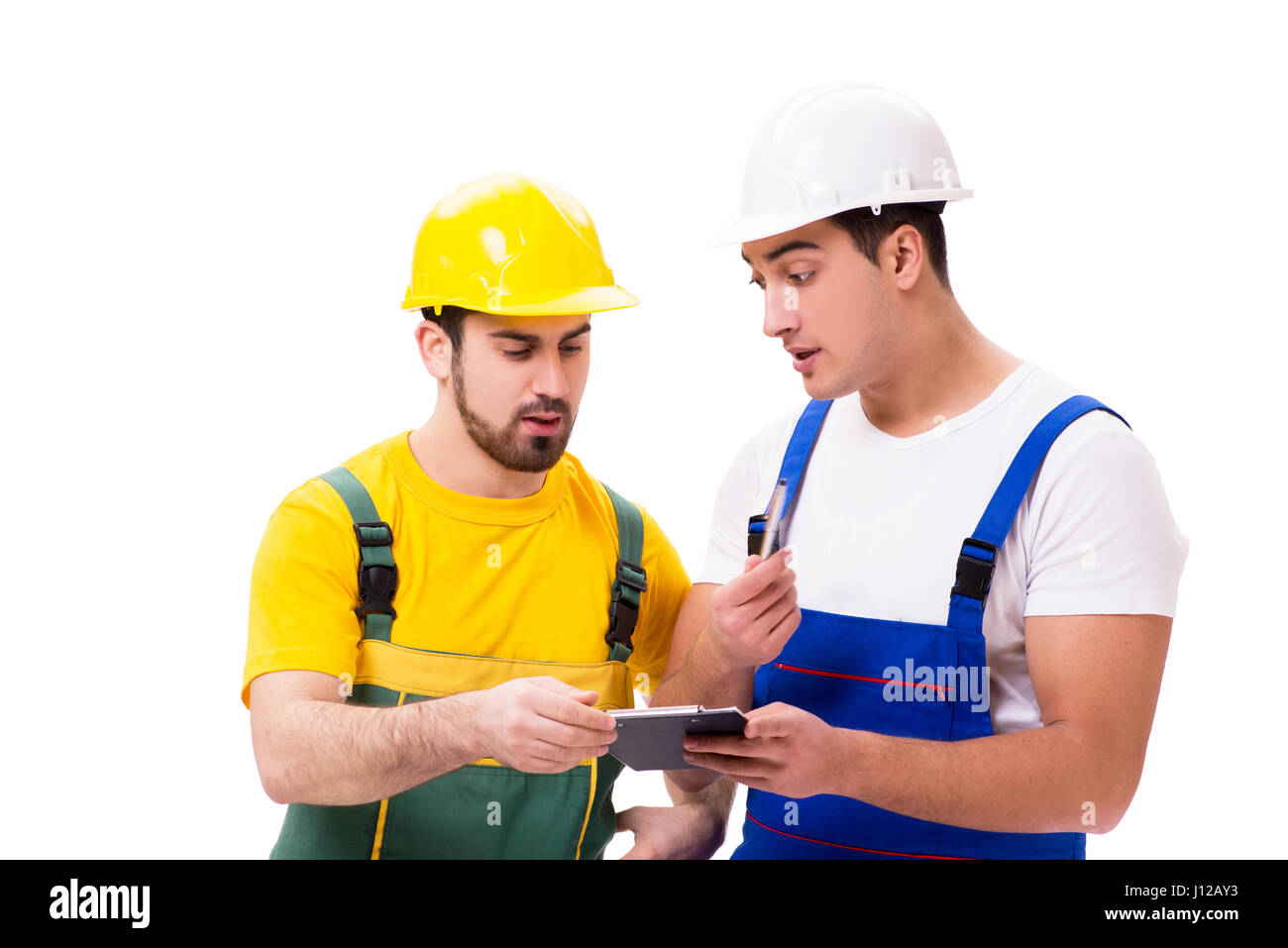 Two workers isolated on the white background Stock Photo - Alamy