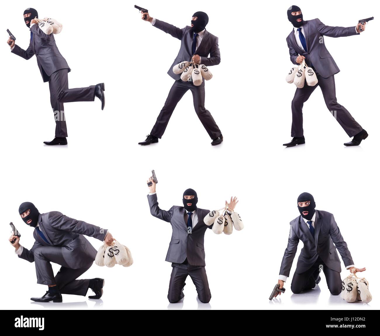 Gangster with bags of money on white Stock Photo - Alamy