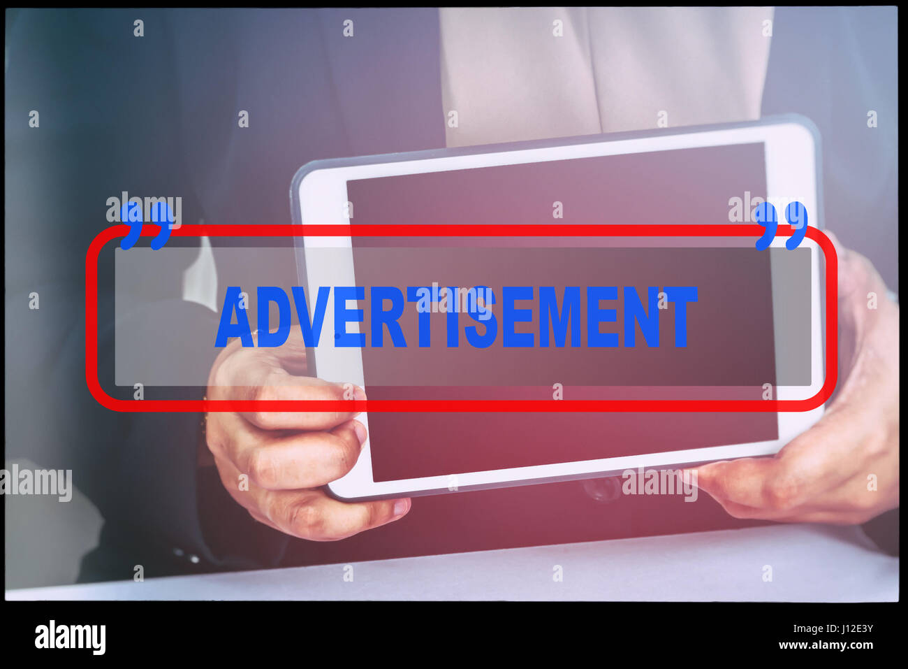 Hand and text "ADVERTISEMENT" with vintage background. Technology ...