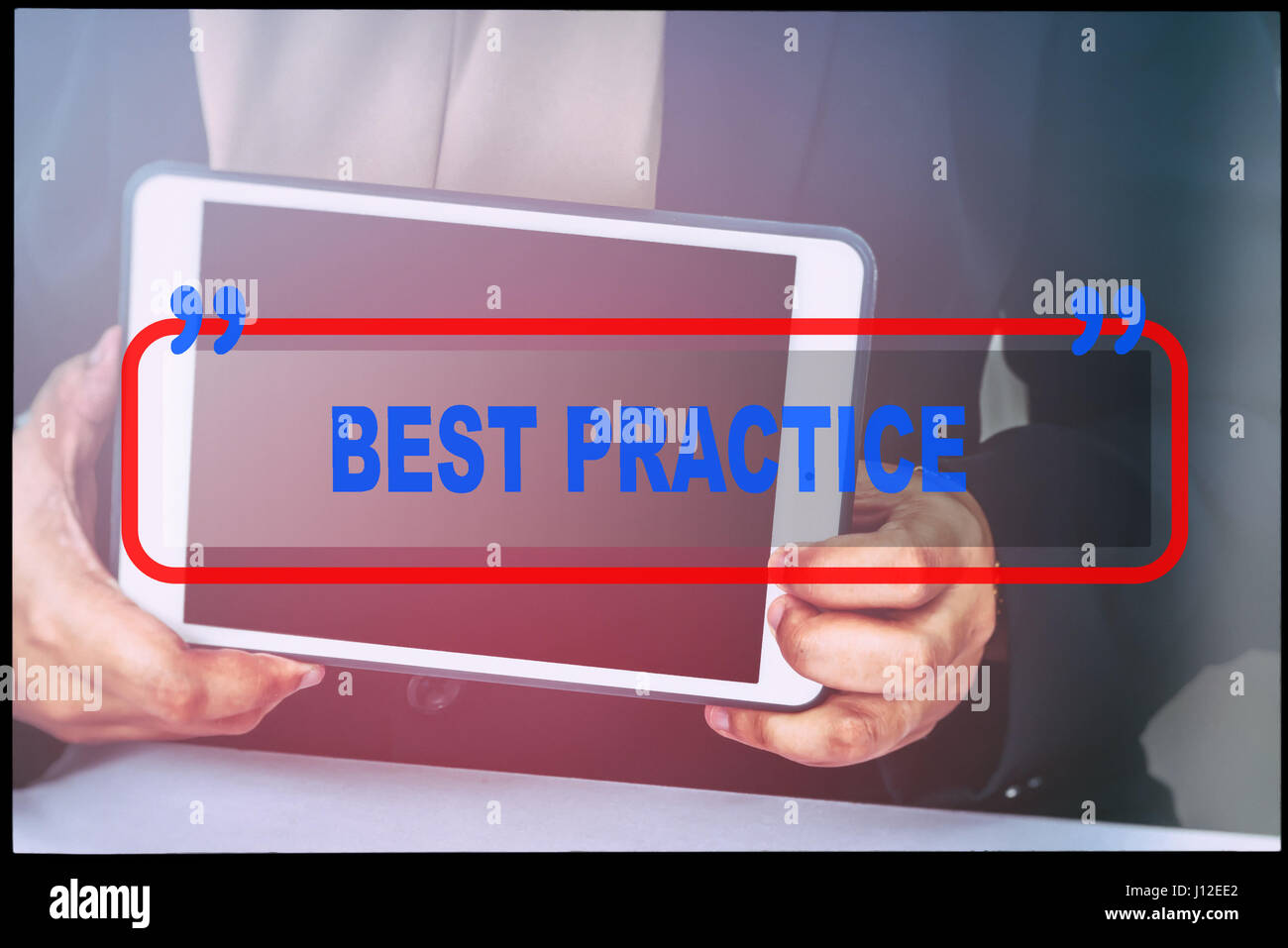 Hand and text "BEST PRACTICE" with vintage background. Technology ...