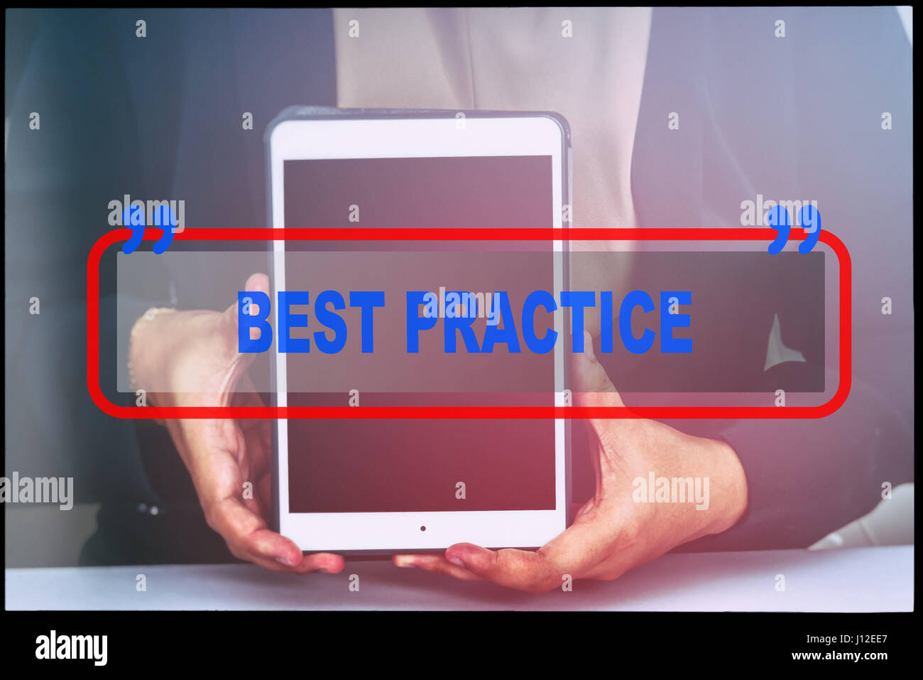 Hand and text "BEST PRACTICE" with vintage background. Technology ...