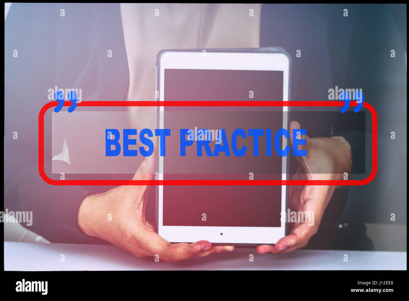 Hand and text "BEST PRACTICE" with vintage background. Technology ...