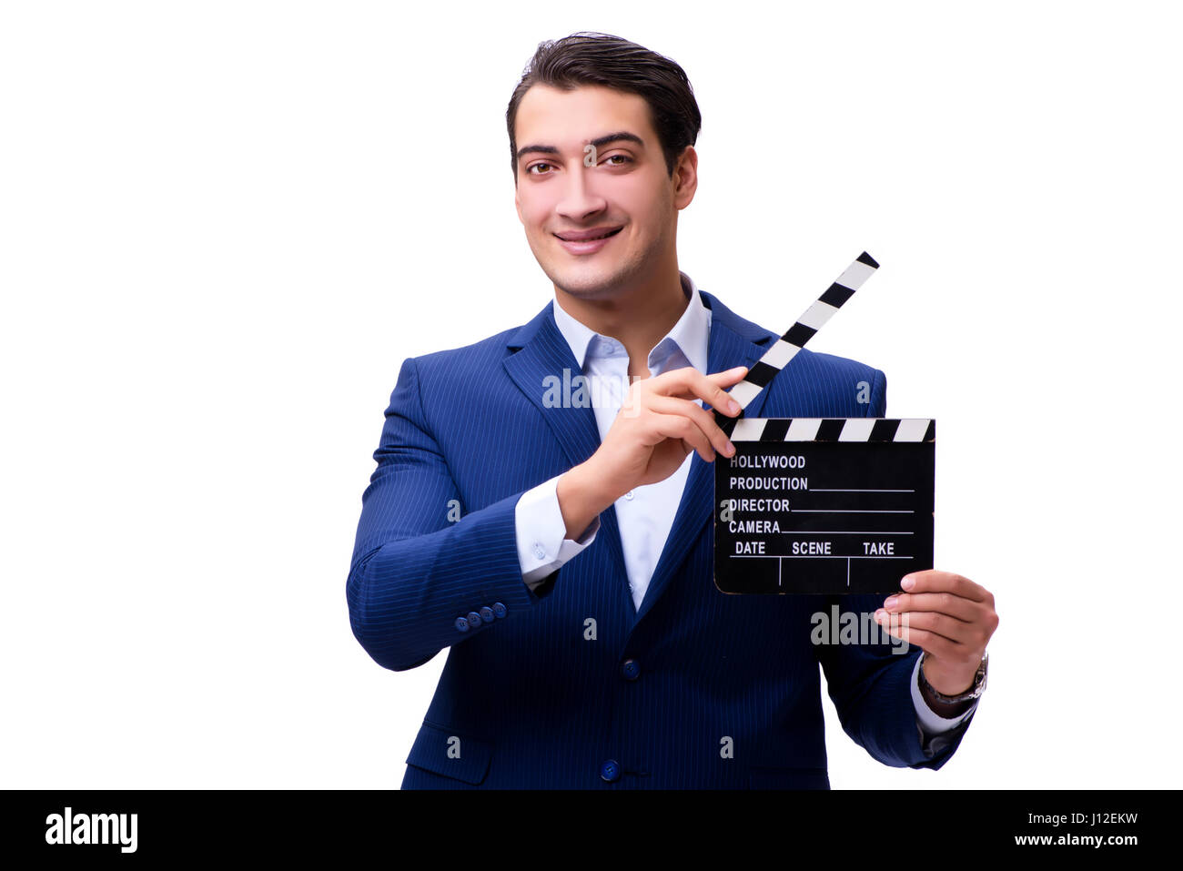 Handsome man with movie clapper isolated on white Stock Photo - Alamy