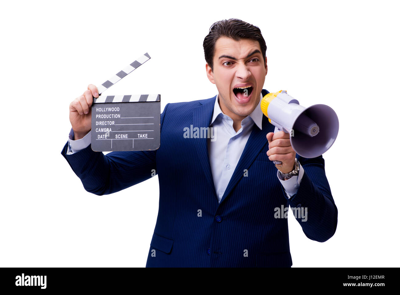 Handsome man with movie clapper isolated on white Stock Photo - Alamy