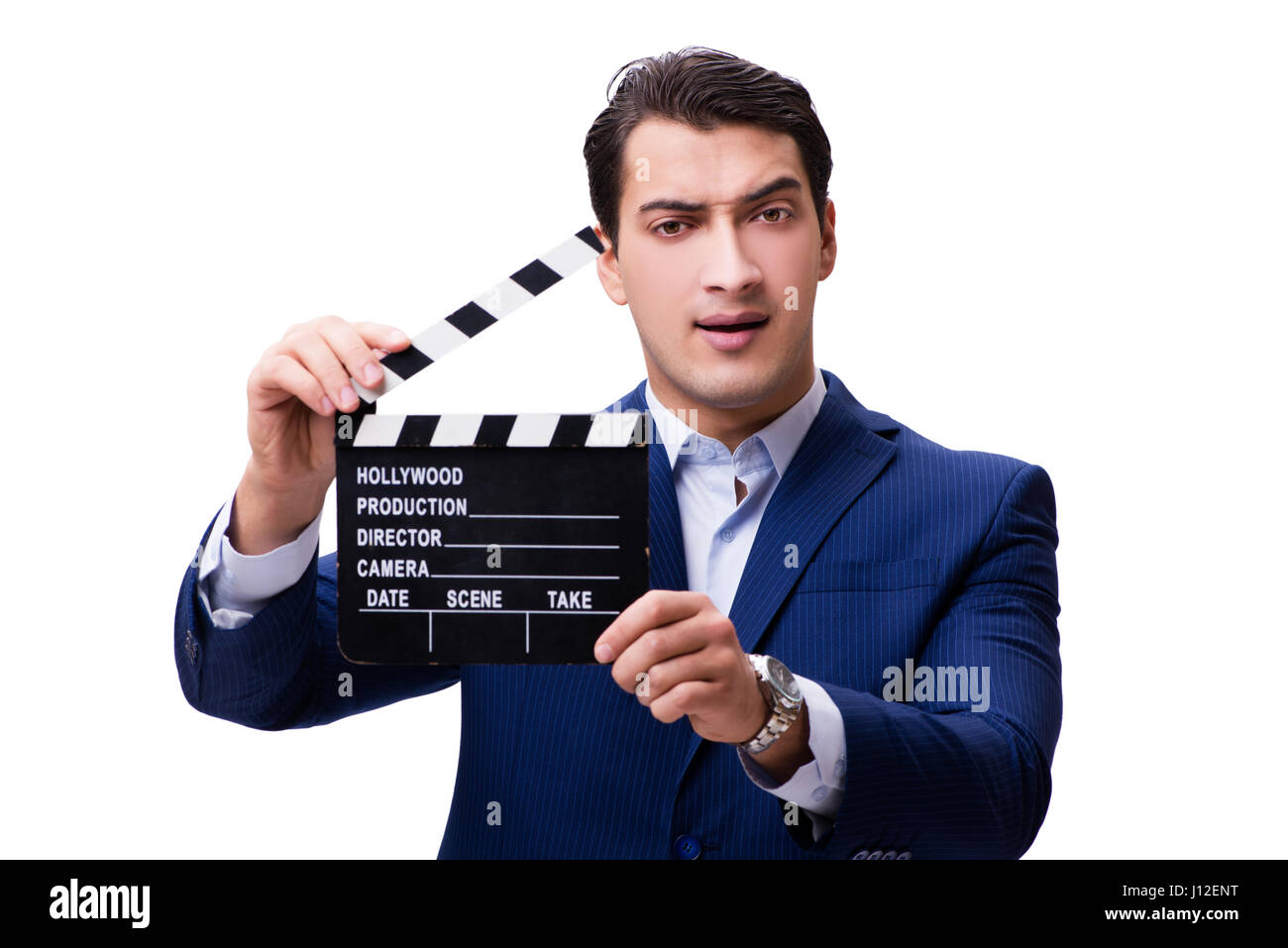 Handsome man with movie clapper isolated on white Stock Photo - Alamy