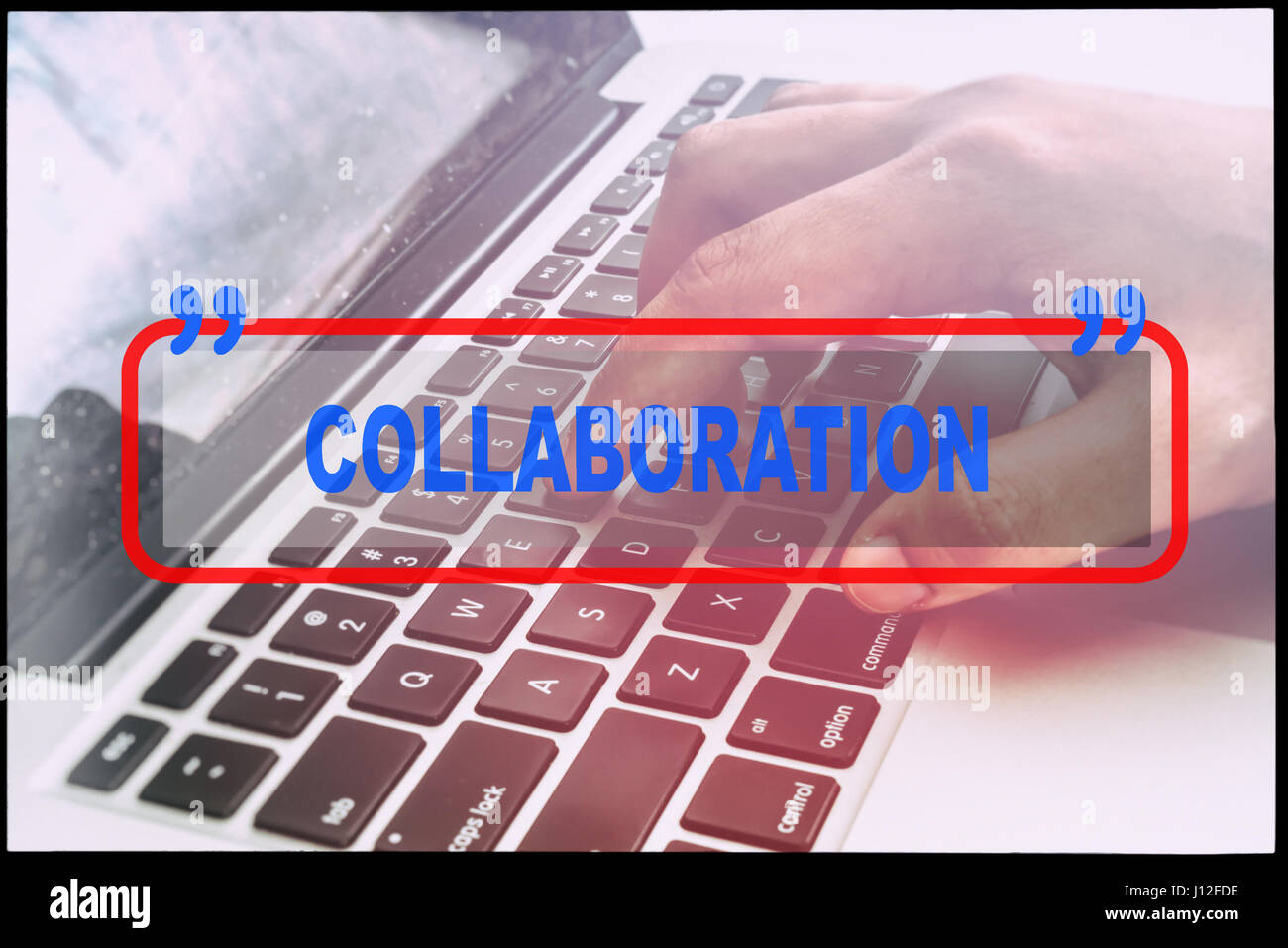 Hand and text "COLLABORATION" with vintage background. Technology ...