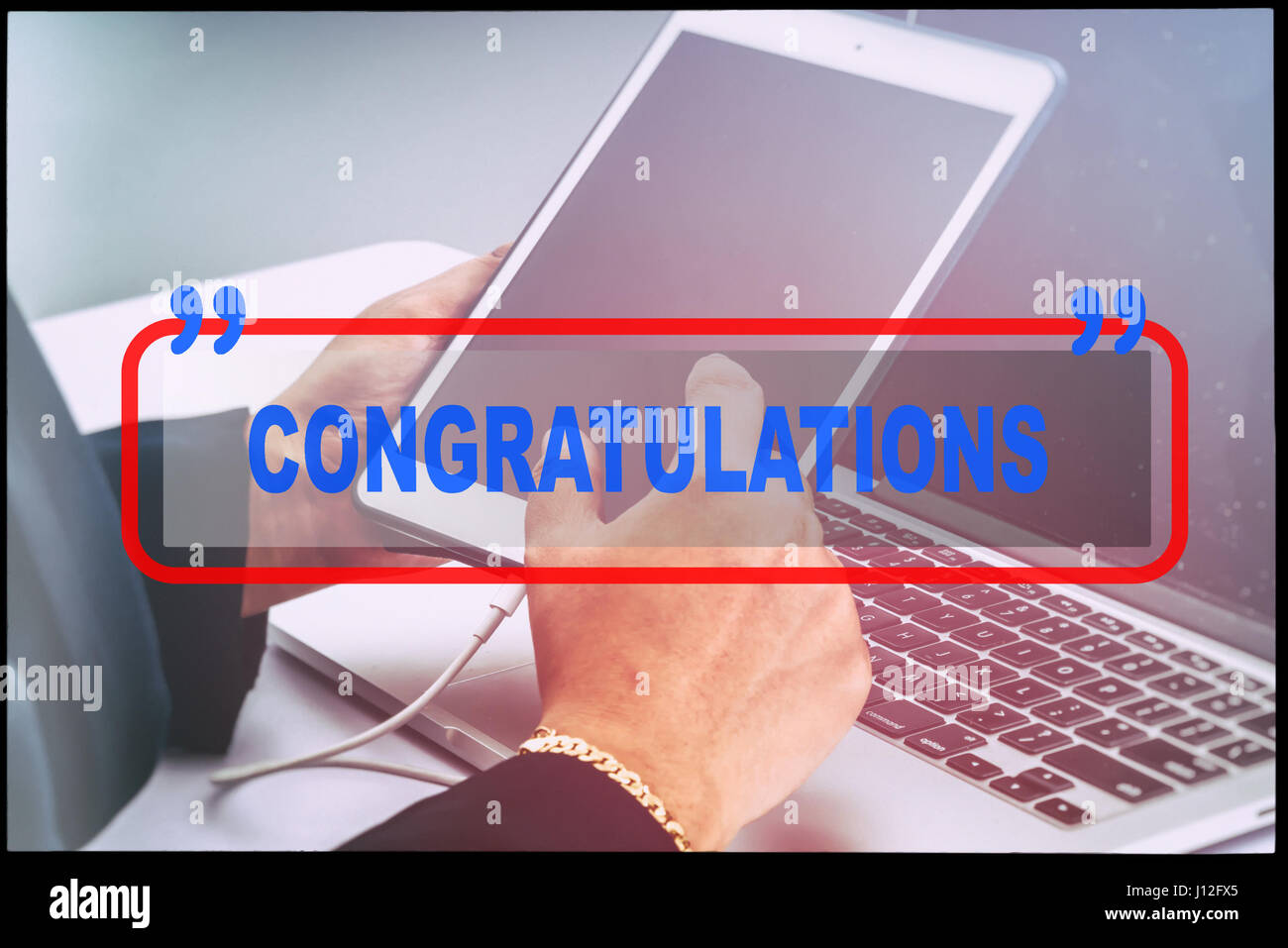 Hand and text "CONGRATULATIONS" with vintage background. Technology ...