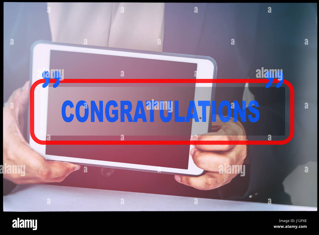 Hand and text "CONGRATULATIONS" with vintage background. Technology ...