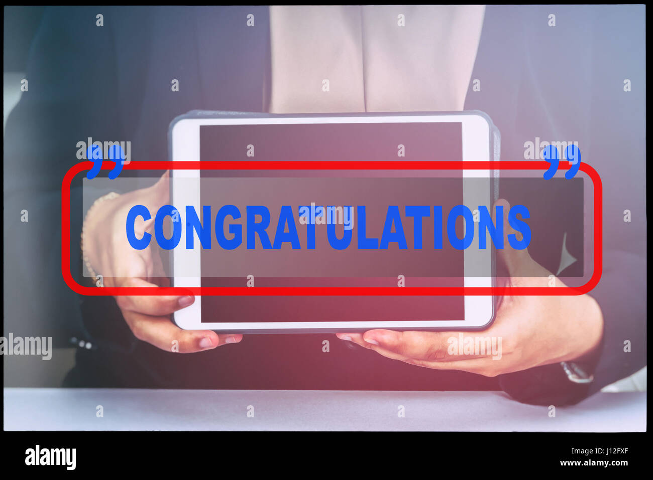 Hand and text "CONGRATULATIONS" with vintage background. Technology ...