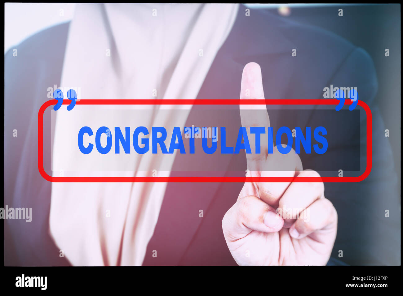 Hand and text "CONGRATULATIONS" with vintage background. Technology ...
